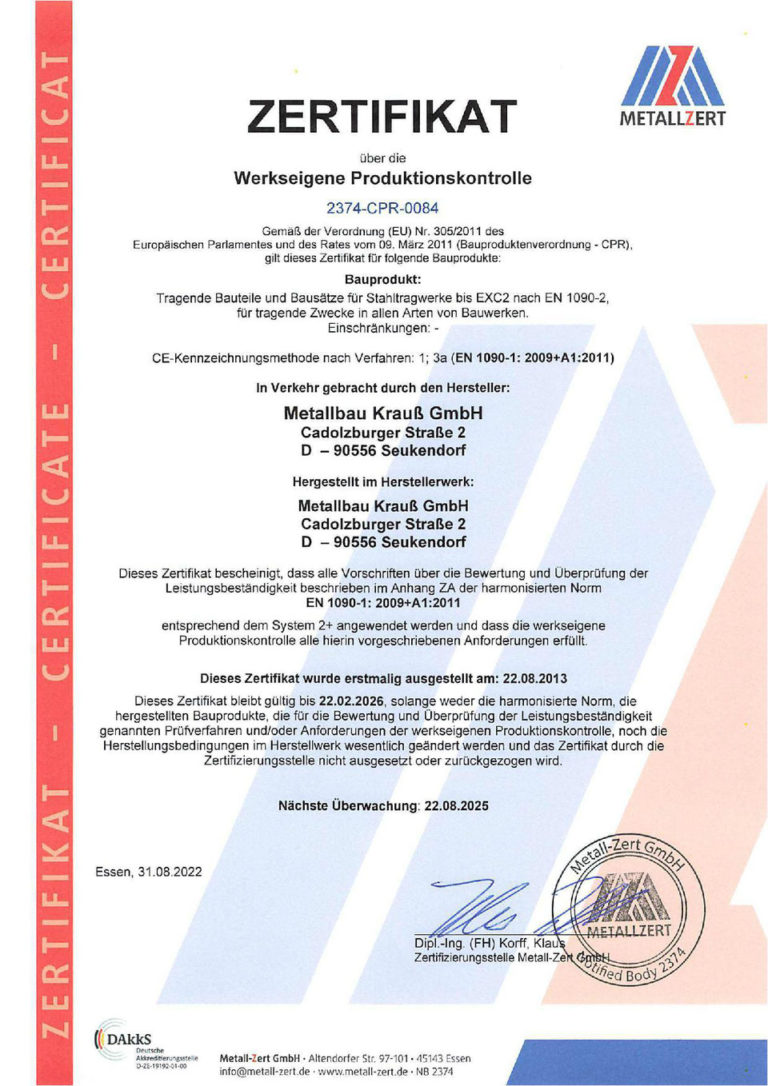 Zertifikate DIN EN 1090 EXC-2 - Metallbau Kraus